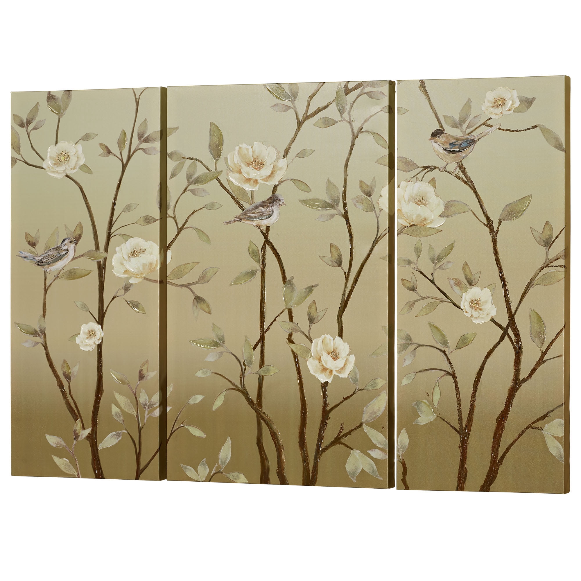 Vining Delight Birds Triptych Canvas Wall Art Tan Overall 51”Wx2”Dx36”H ...