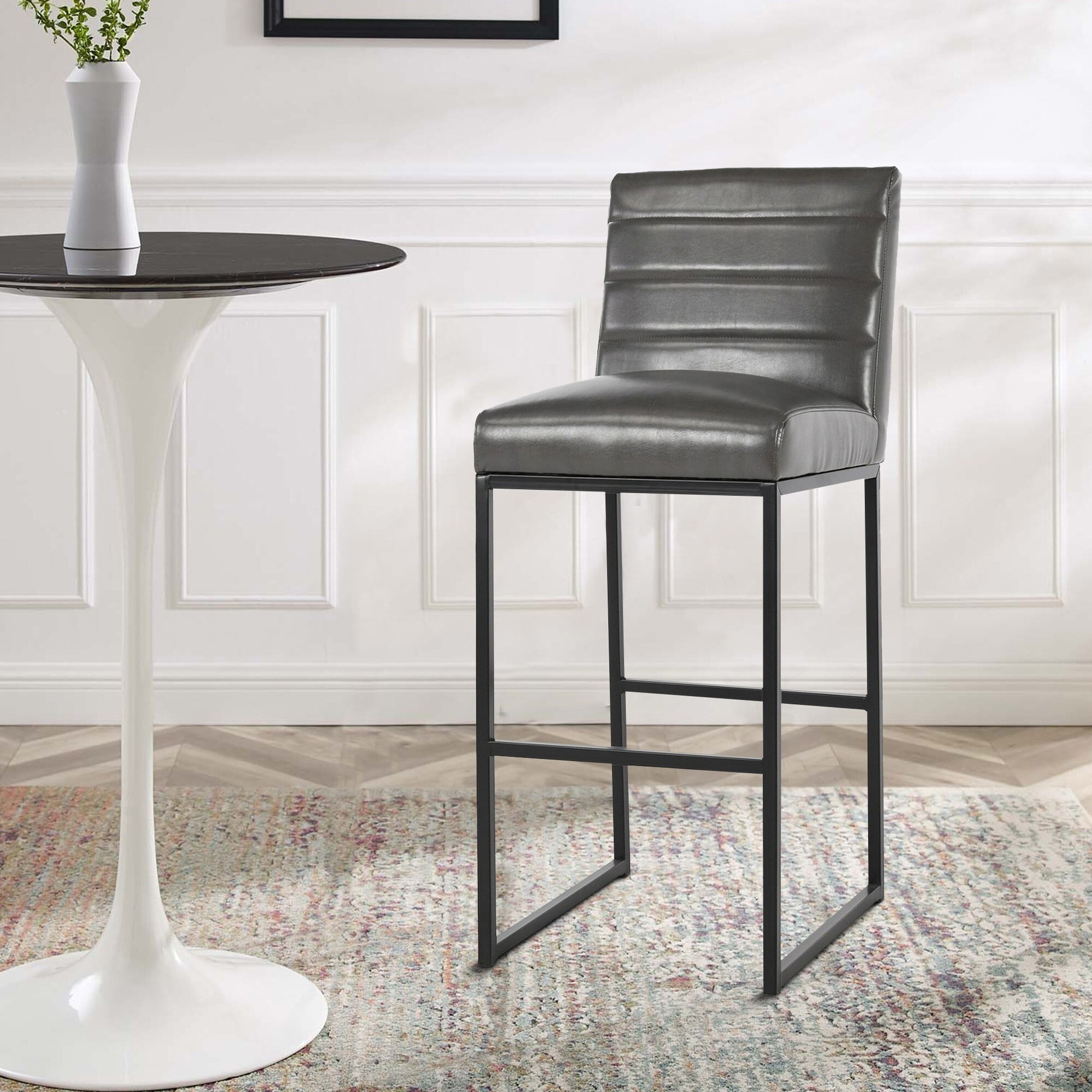 Vinn 30 Inch Modern Bar Stool, Channel Tufted, Vegan Faux Leather, Gray ...