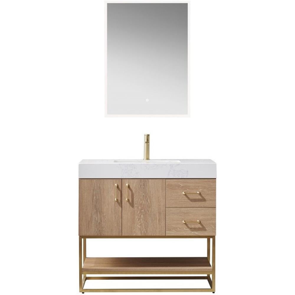 Vinnova Alistair 36" White Grain Stone Top Single Vanity with Mirror in ...