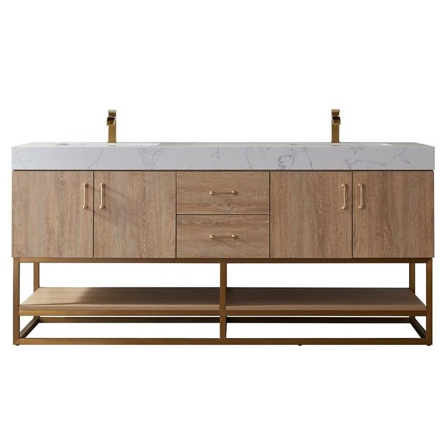 "Vinnova Alistair Large 72"" Bathroom Vanity with White Grain Stone Top ...