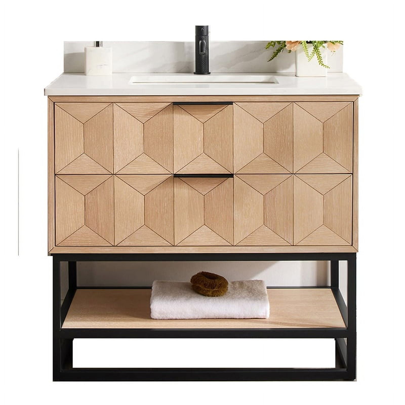 Vinnova Milagro 36" Single Wood Bath Vanity with Fish Maw Quartz in Ash ...