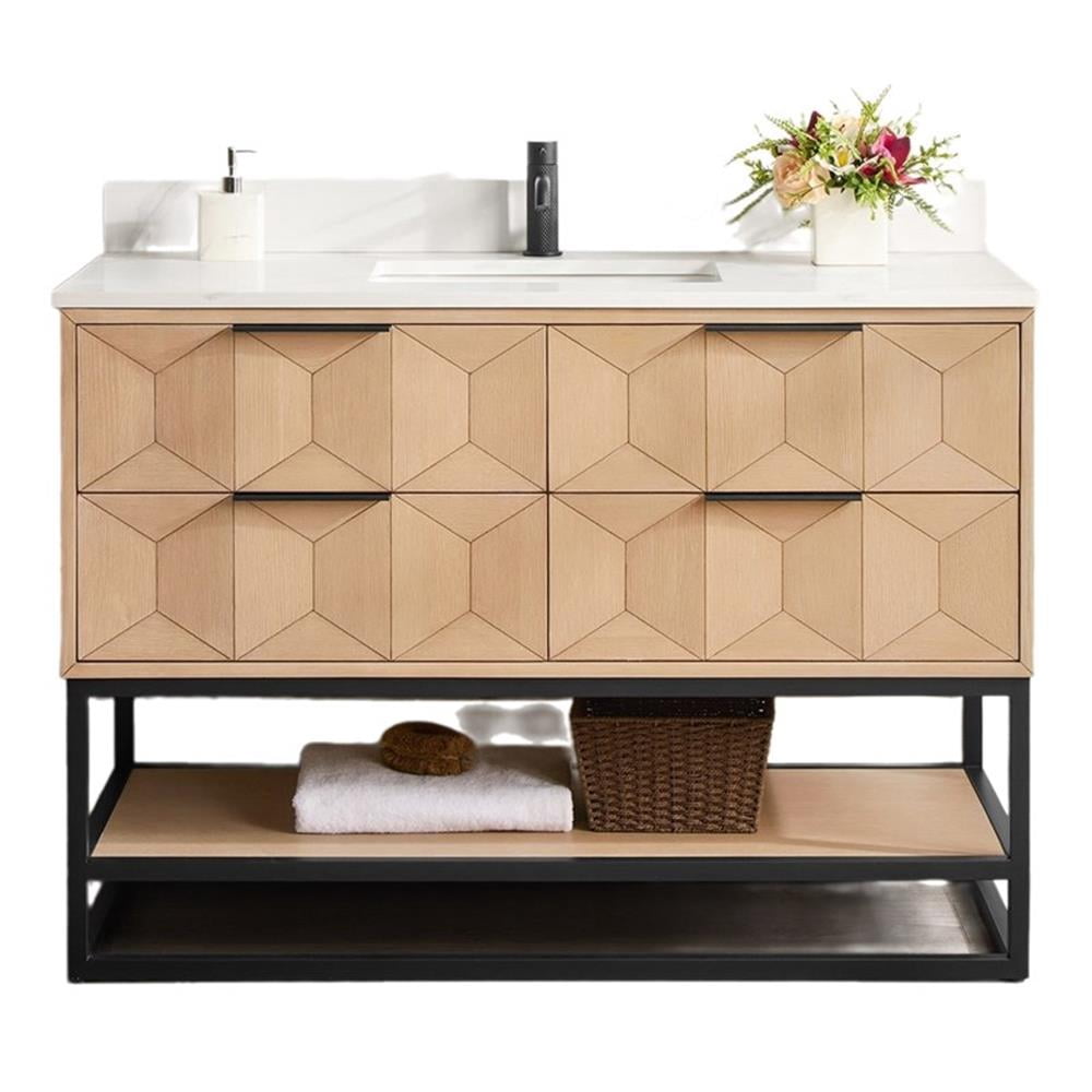 Vinnova Milagro 48" Single Wood Bath Vanity with Fish Maw Quartz in Ash ...