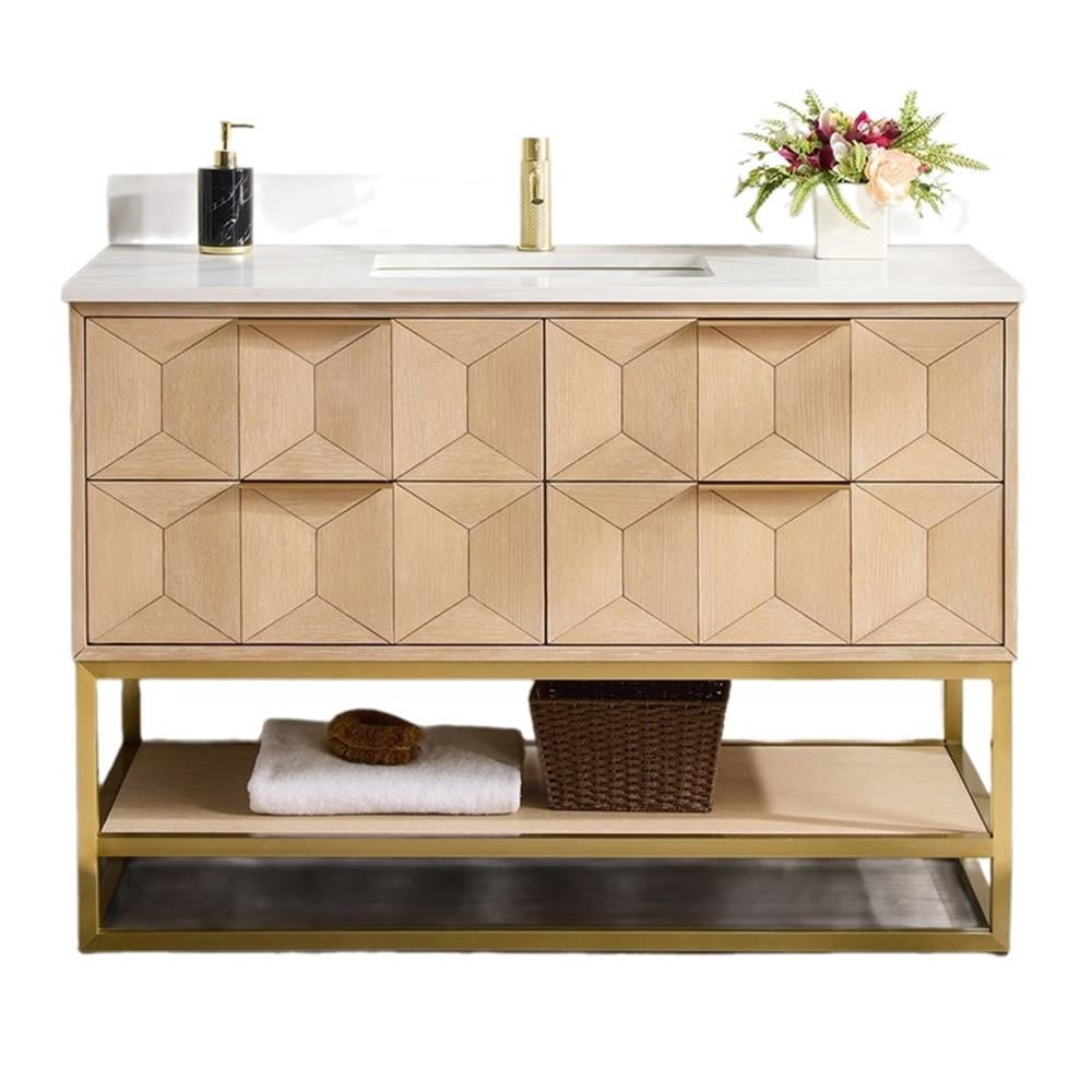 Vinnova Milagro 48" Single Wood Bath Vanity with Fish Maw Quartz in Ash ...