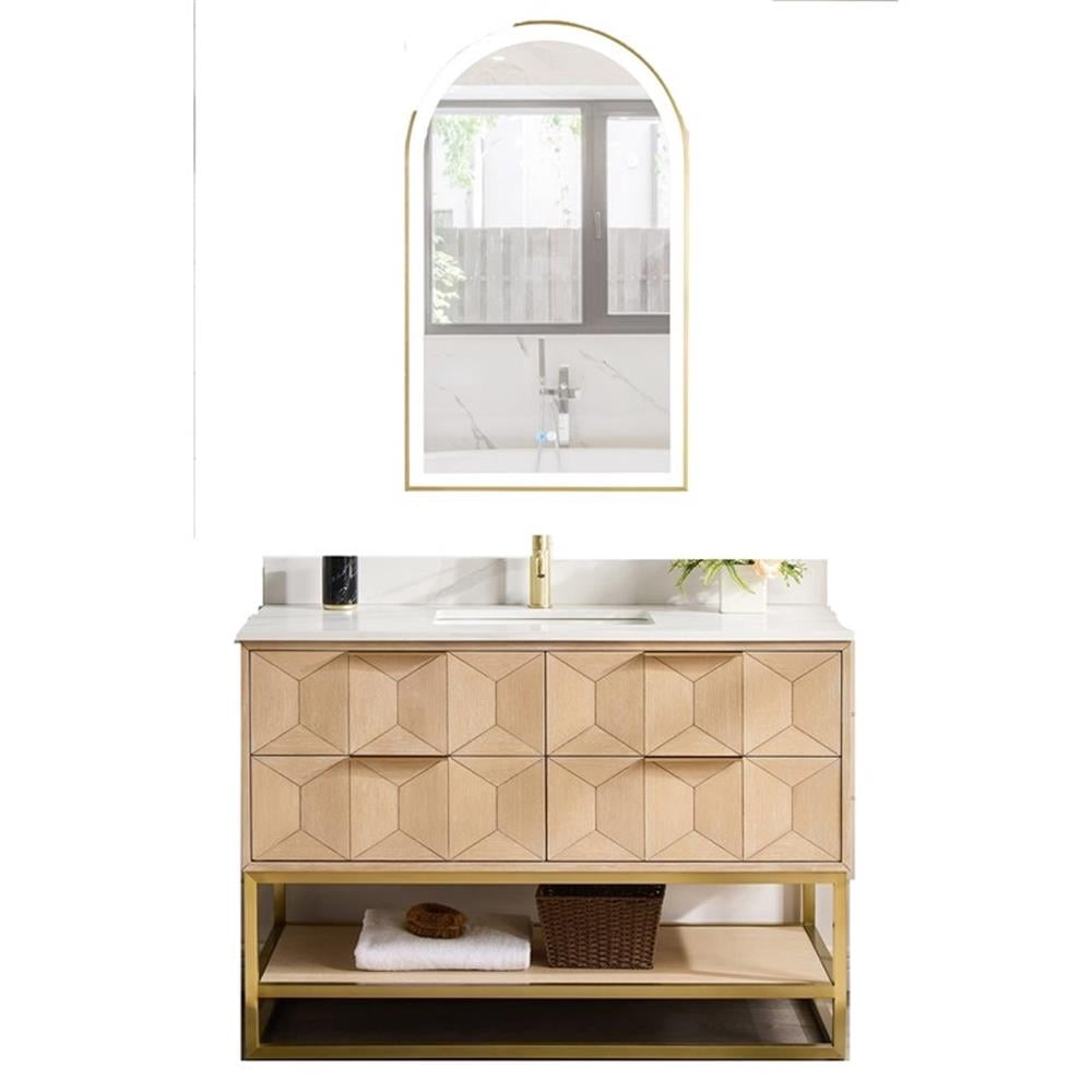 Vinnova Milagro 48" Wood Bath Vanity with Fish Maw Quartz & Mirror in ...