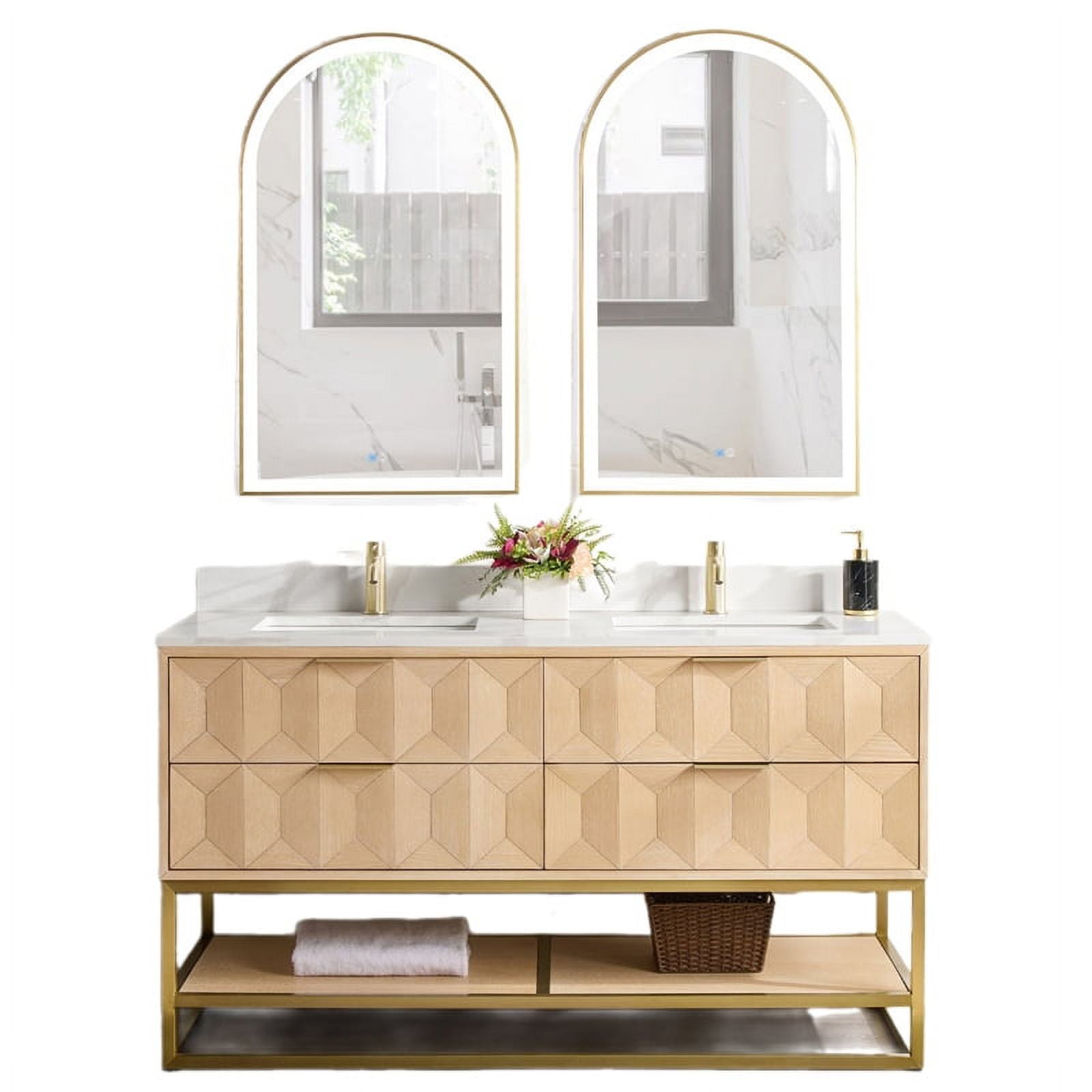 Vinnova Milagro 60" Wood Bath Vanity with Fish Maw Quartz & Mirrors in ...