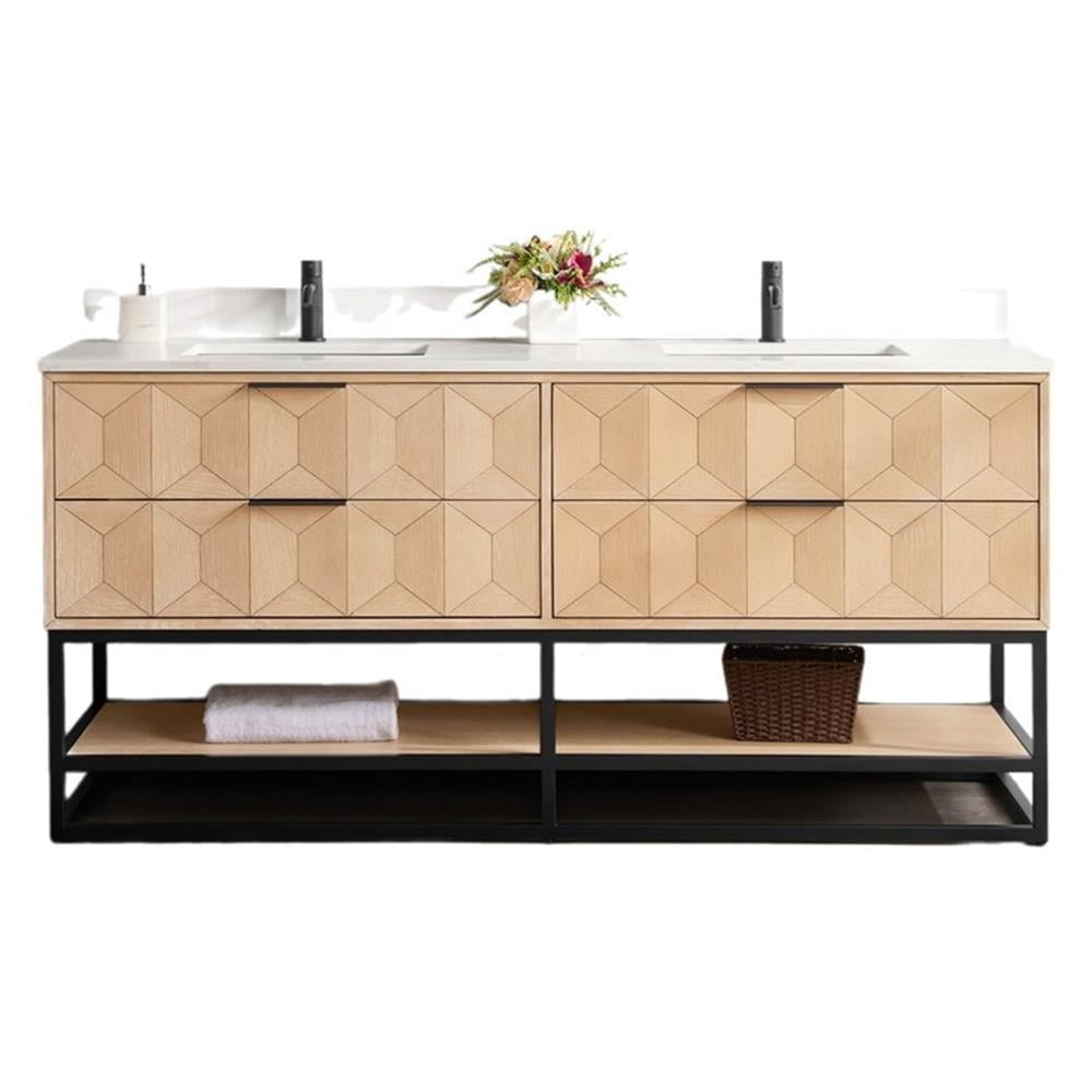 Vinnova Milagro 72" Double Wood Bath Vanity with Fish Maw Quartz in Ash ...