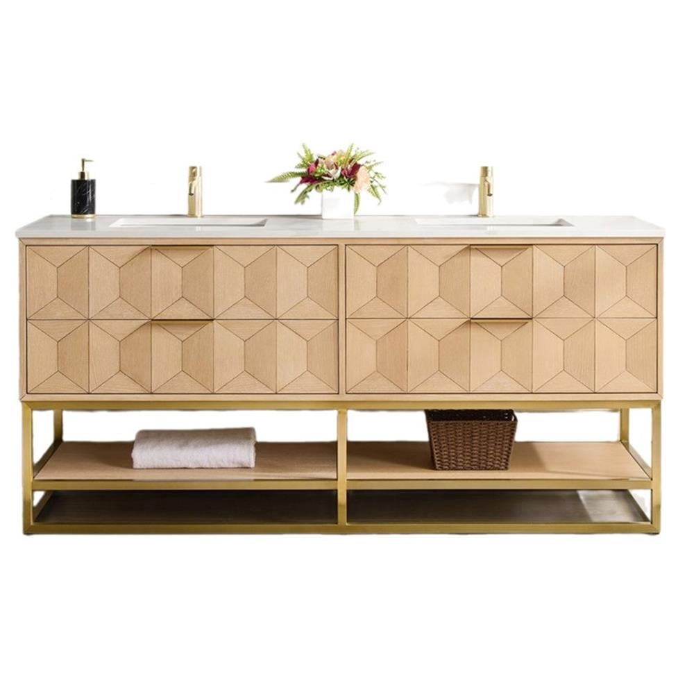 Vinnova Milagro 72" Double Wood Bath Vanity with Fish Maw Quartz in Ash ...