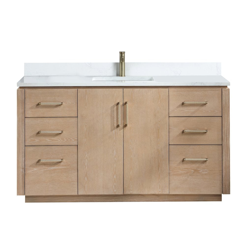 "Vinnova San 60"" Single Sink Wood Bath Vanity with Grain Stone in Ash ...