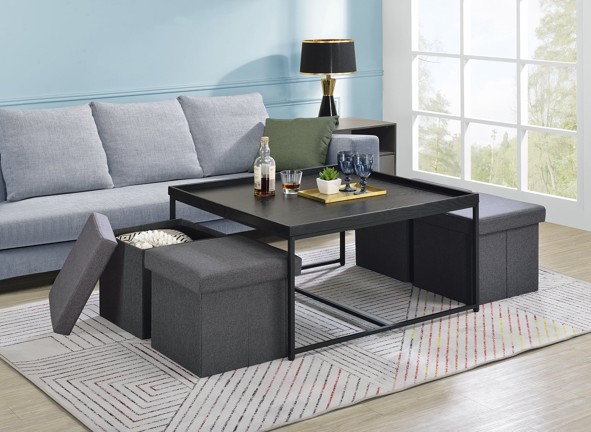 Vinny 5-Piece Coffee Table Set with Stools - Black Wood Grain Finish ...