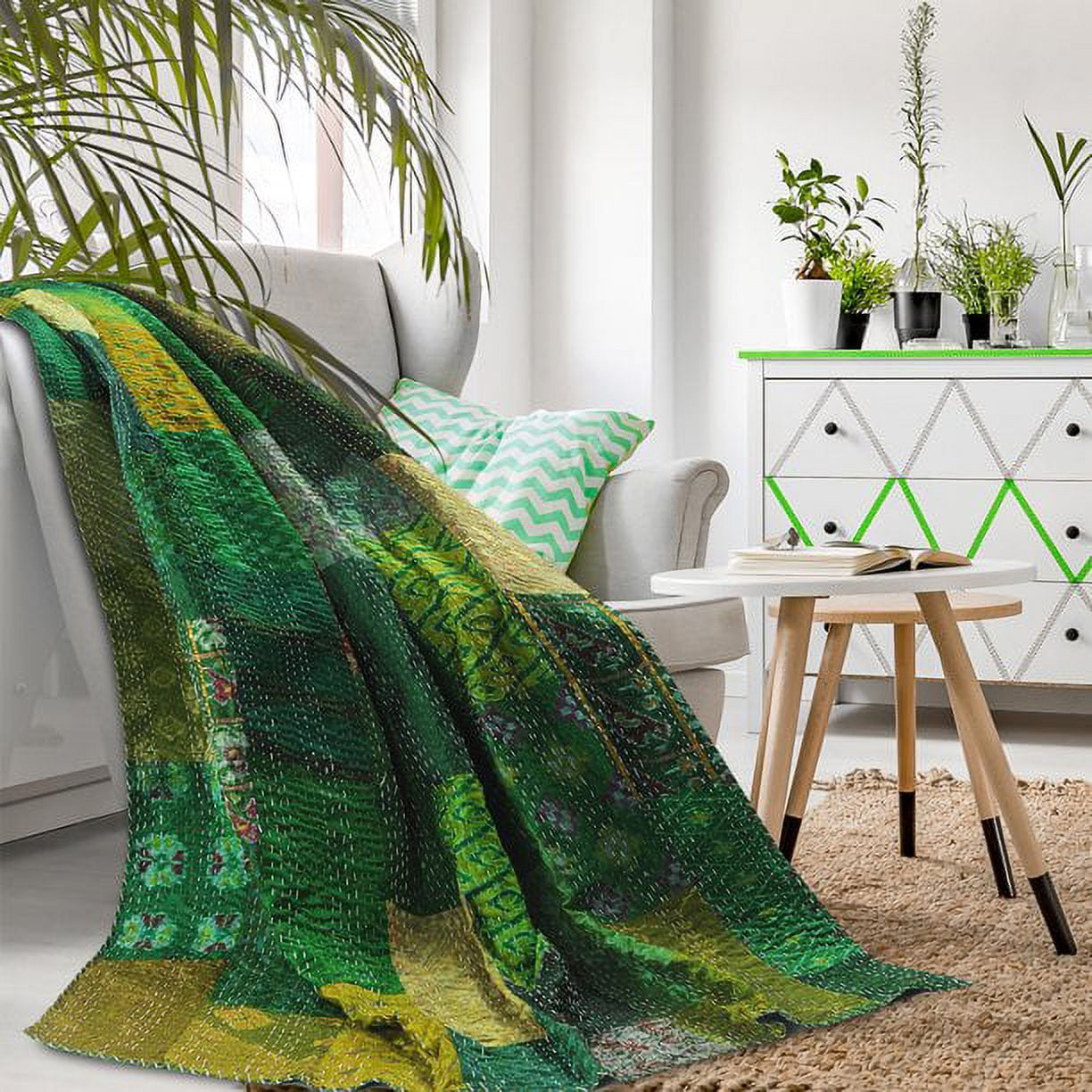 Vinsan Home Handmade Kantha Quilt, Green, Queen Size, 90 x 108, Bohemian Summer Spread - Walmart.com