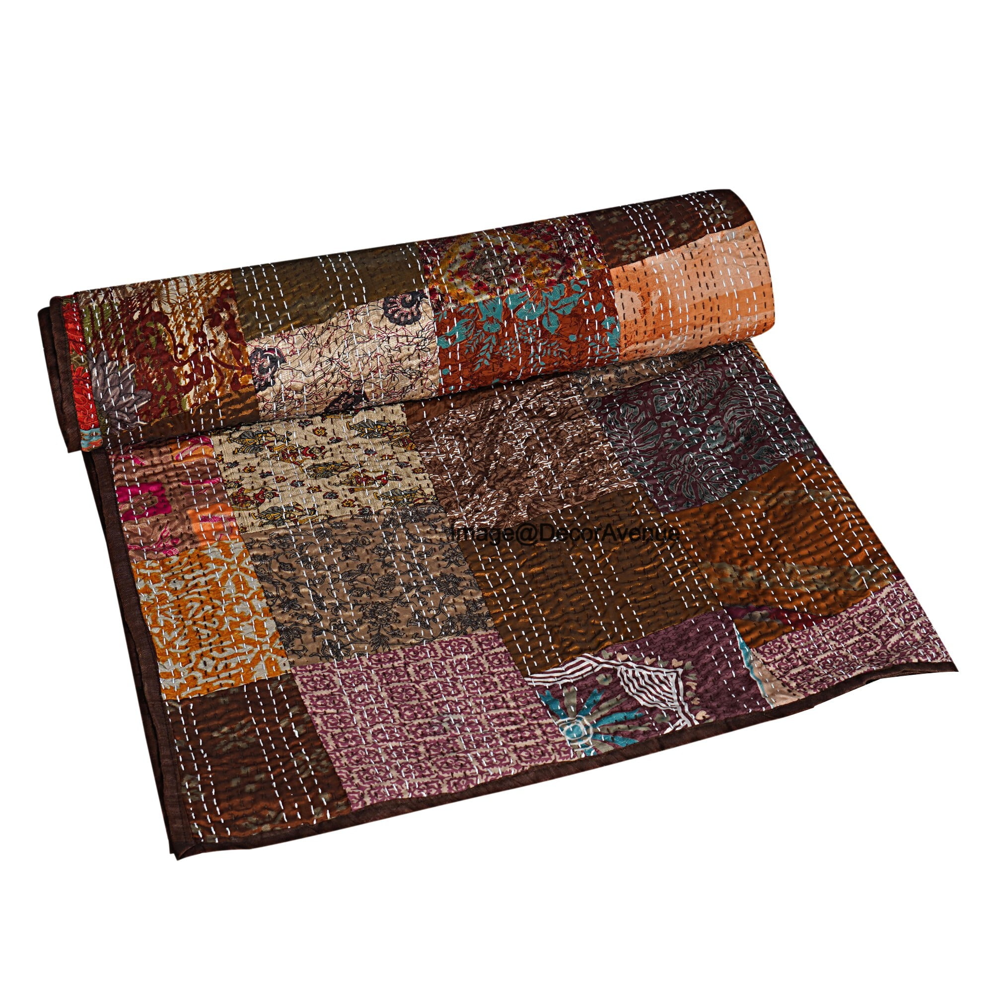 Vinsan Indian Handmade Silk Patchwork Kantha Bedspread Quilts Reversible Boho Bed Cover Throw ...