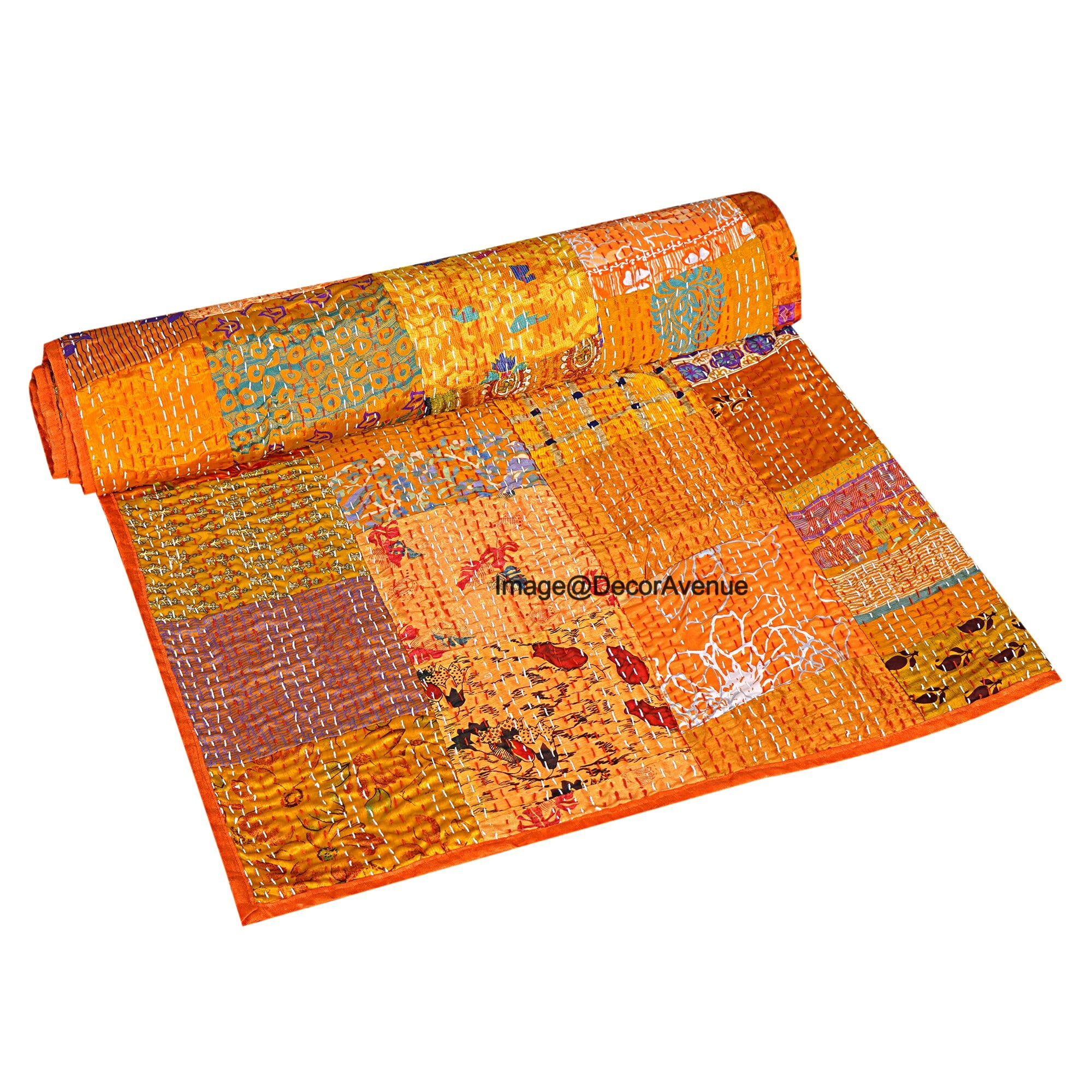 Vinsan Indian Handmade Silk Patchwork Kantha Bedspread Quilts Reversible Boho Bed Cover Throw ...