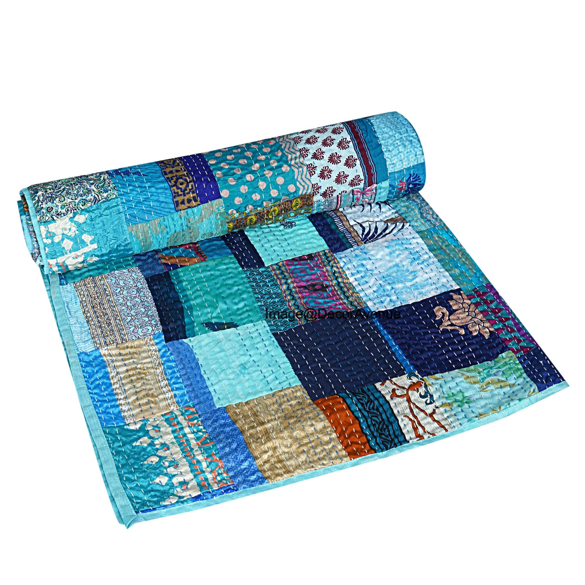 Vinsan Indian Handmade Silk Patchwork Kantha Quilts Boho Bed Cover Blue Color Queen Size 90 x ...