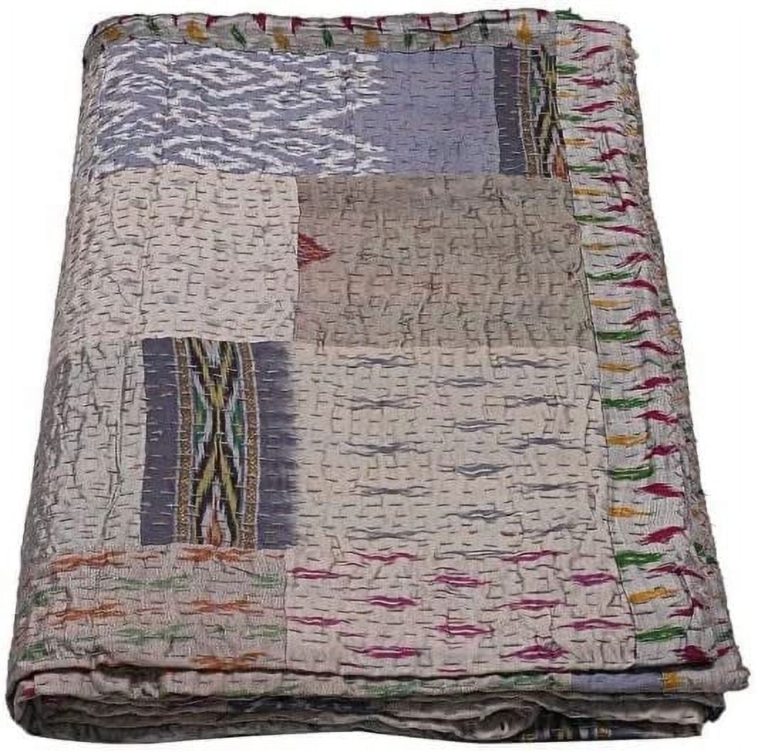 Vinsan Indian Handmade Silk Patchwork Kantha Quilts Boho Bed Cover Gray ...