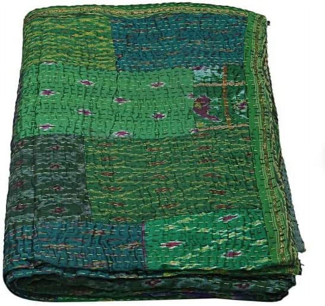 Vinsan Indian Handmade Silk Patchwork Kantha Quilts Boho Bed Cover Green Color Queen Size 90 x ...