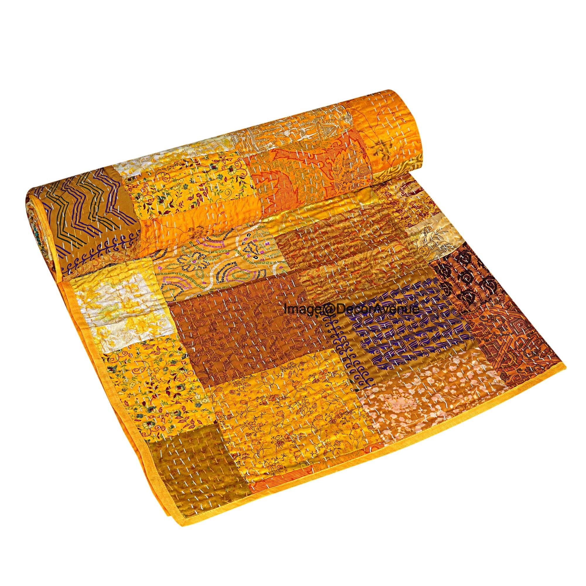 Vinsan Indian Handmade Silk Patchwork Kantha Quilts Boho Bed Cover Yellow Color Twin Size 60 x ...