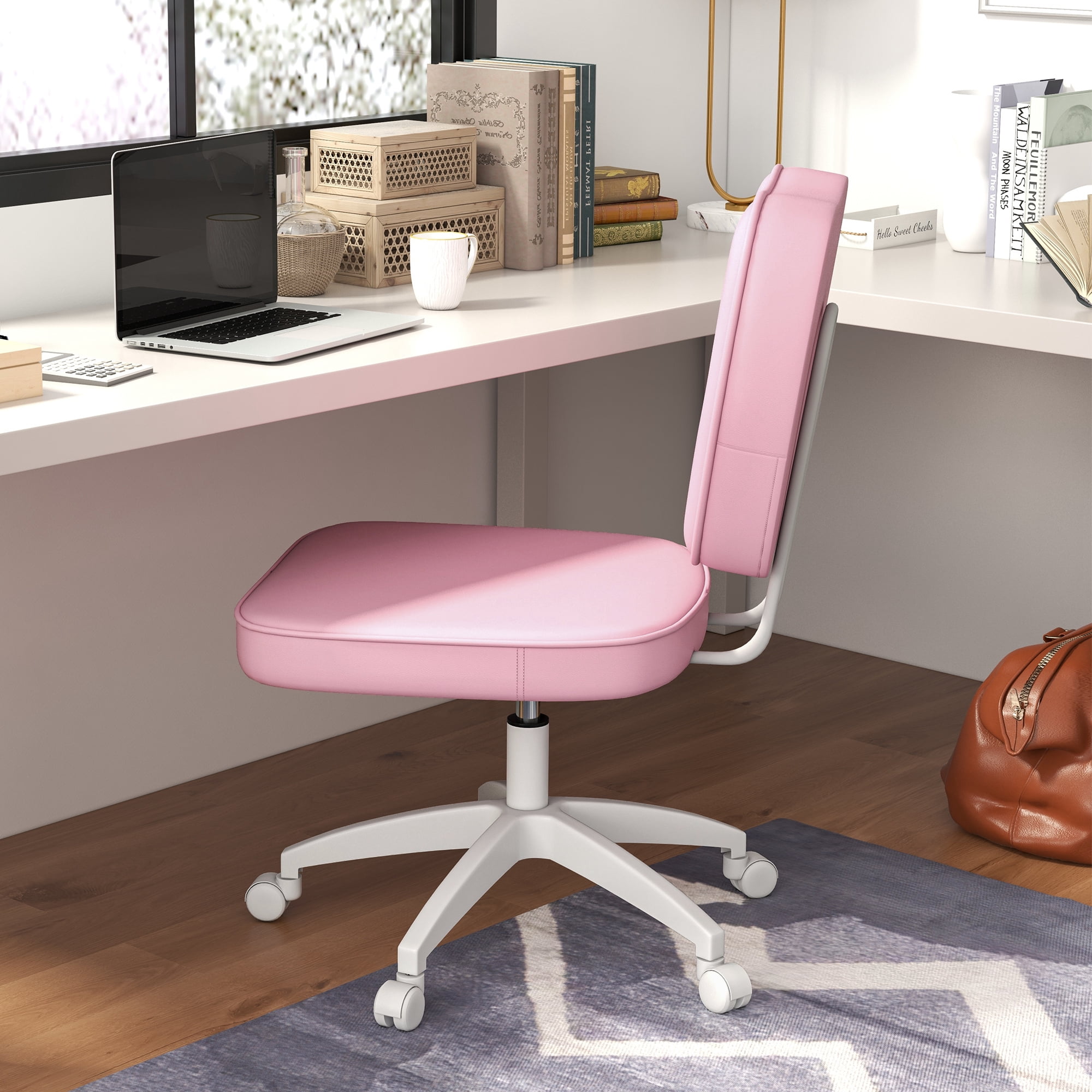 Vinsetto Armless PU Leather Office Chair, Pink, Rolling Desk Task Chair ...