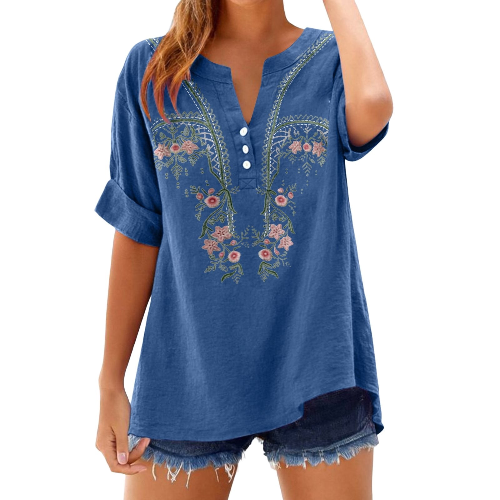 Vinsonshop Embroidered Cotton Linen Tops Peasant Blouses Linen Tunic ...