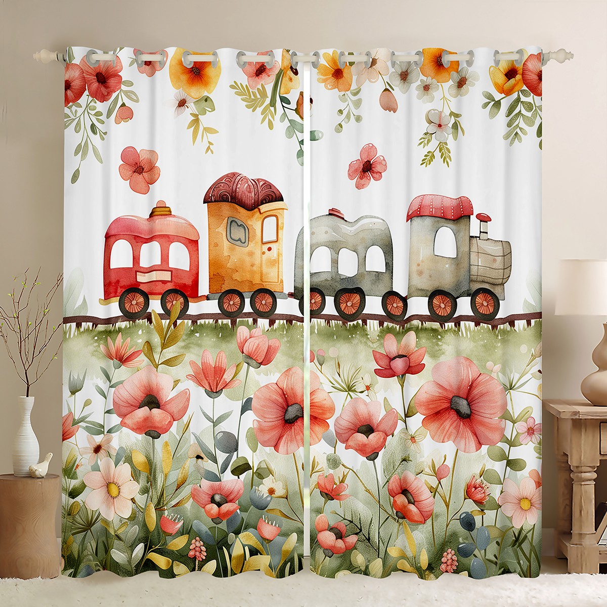 Vintag Train 30%-50% Blackout Curtains Catoon 3D Hand Drawn (42Wx90L) 2 ...