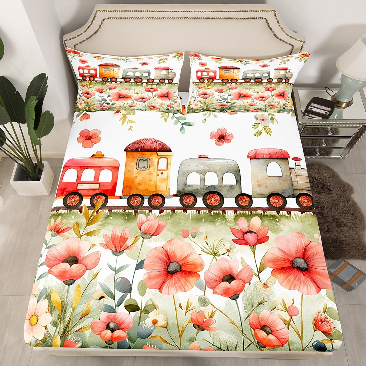 Vintag Train Full Size Bed Sheets Catoon 3D Hand Drawn Fitted Sheet ...
