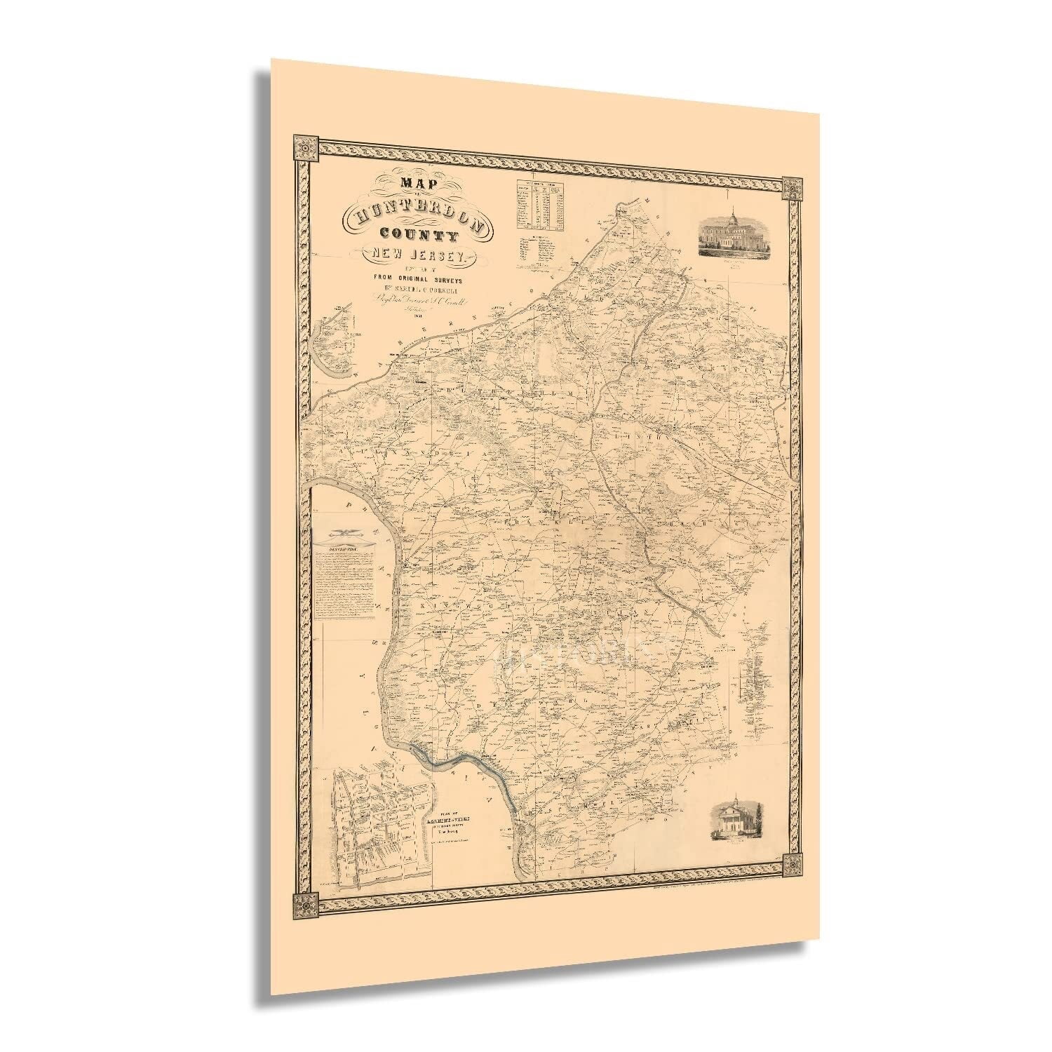 Vintage 1851 Hunterdon County New Jersey Map Vintage Wall Map of New ...