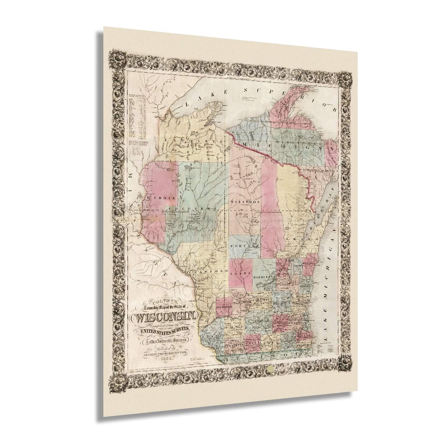 Vintage 1851 Wisconsin Map Poster Vintage Map of Wisconsin Wall Art ...