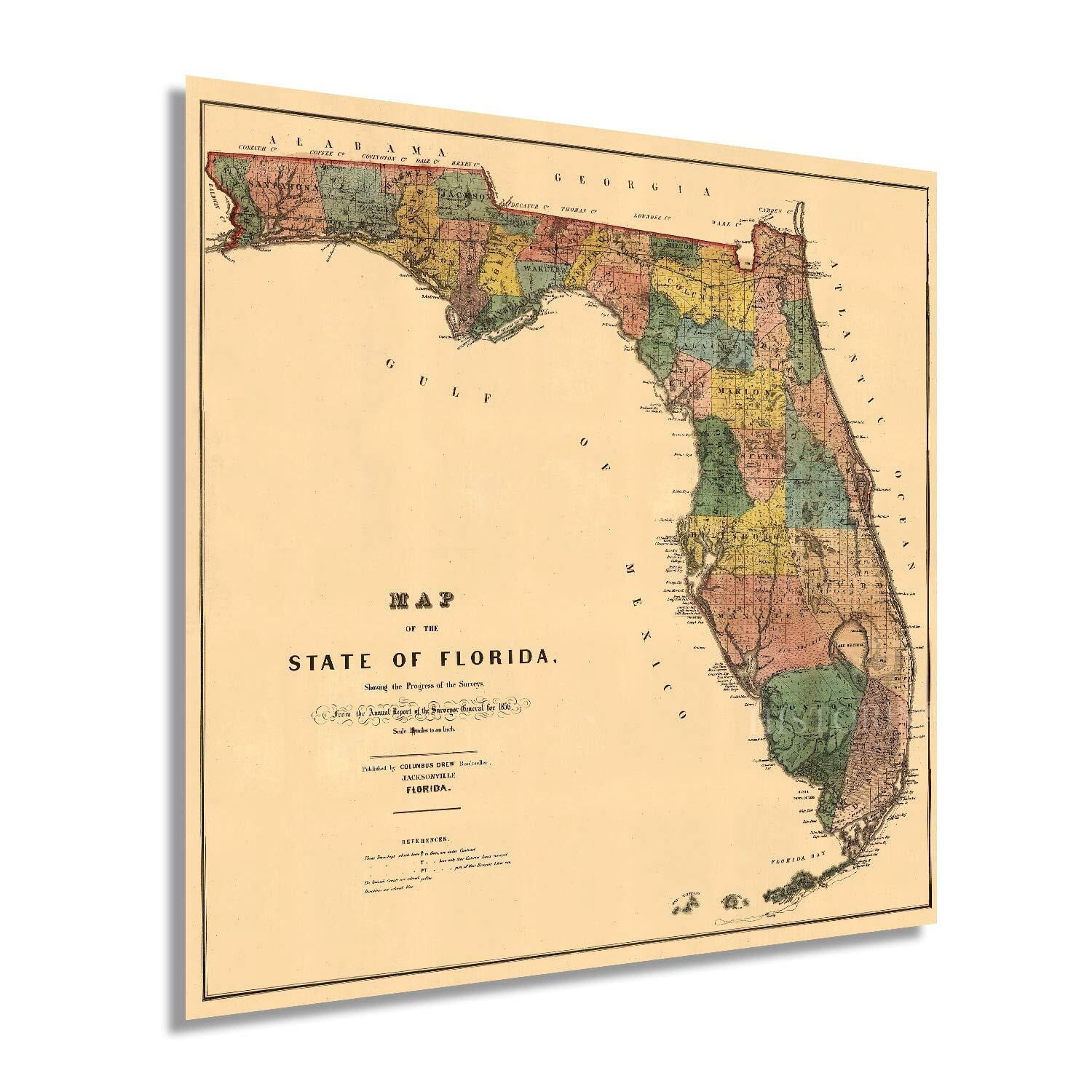 Vintage 1856 Florida State Wall Map Vintage Map Wall Art - Vintage ...
