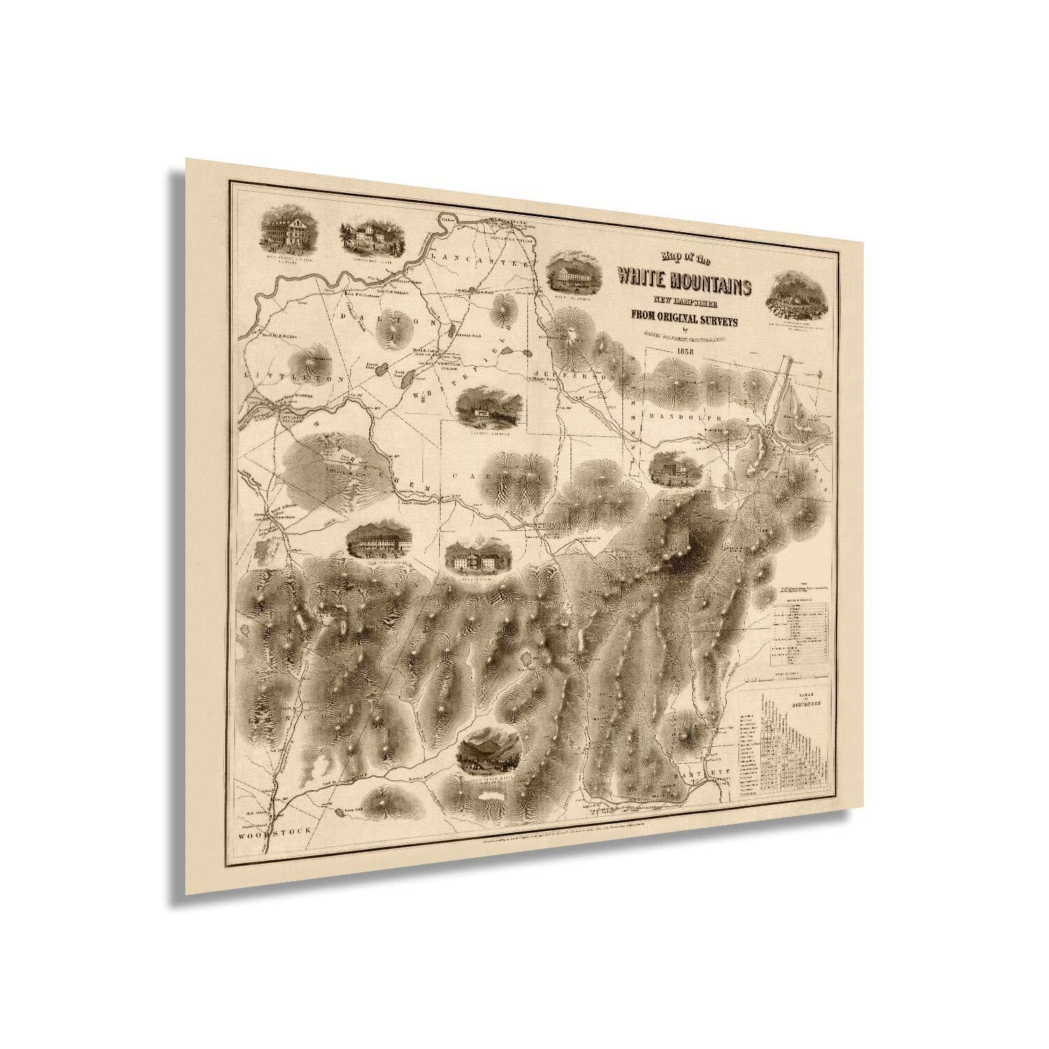 Vintage 1858 Map of White Mountains New Hampshire Poster Vintage Map NH ...