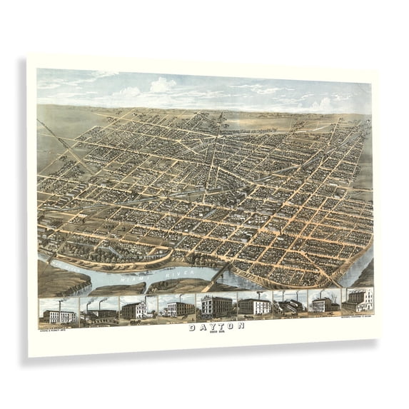 Vintage 1870 Dayton Ohio Map Poster Vintage Bird's Eye View Perspective ...
