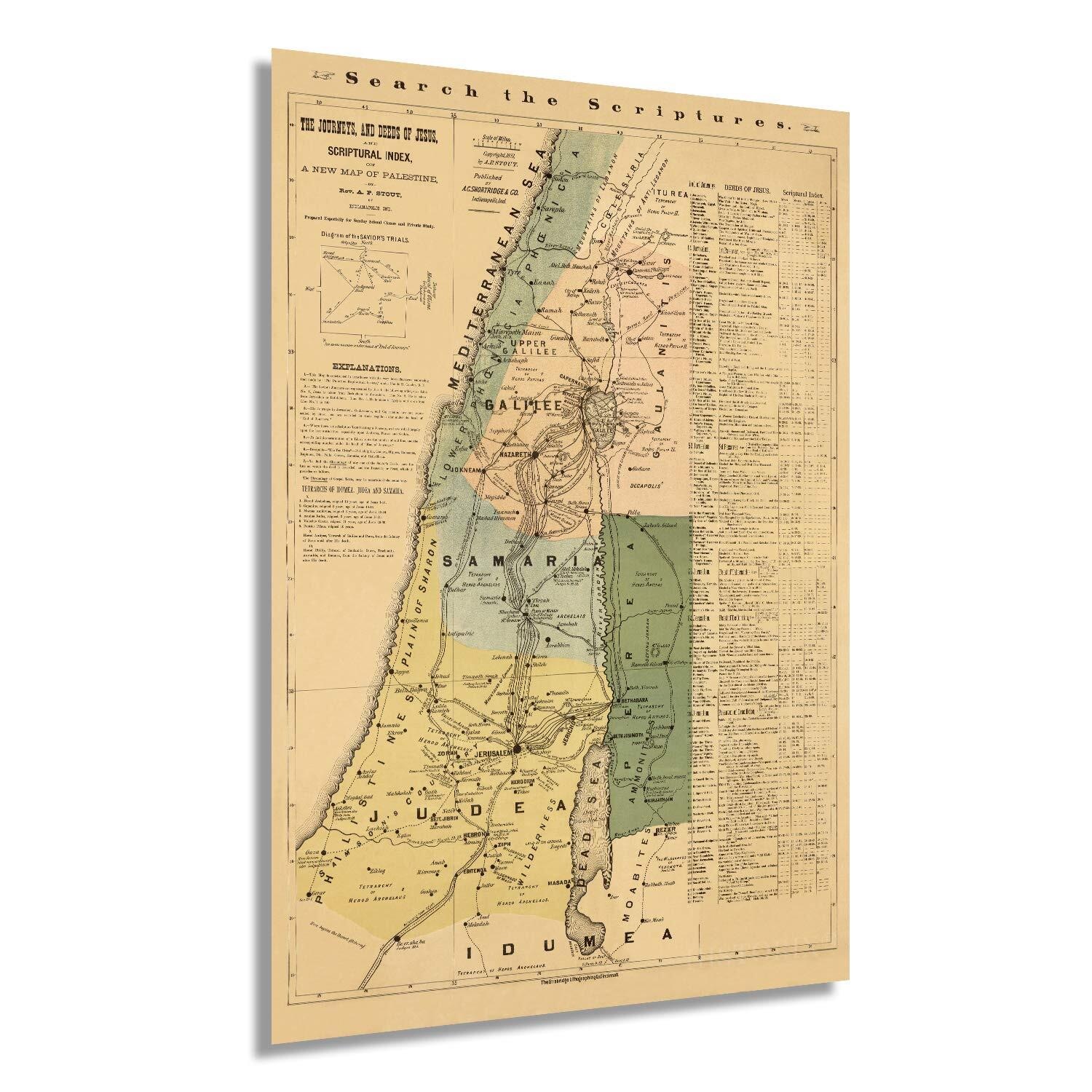 Vintage 1881 The Journeys and Deeds of Jesus Map Biblical Wall Art with ...