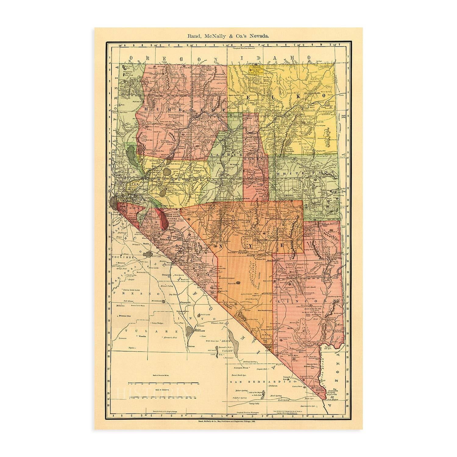 Vintage 1893 Nevada State Map Vintage Map of Nevada Wall Art - Vintage ...