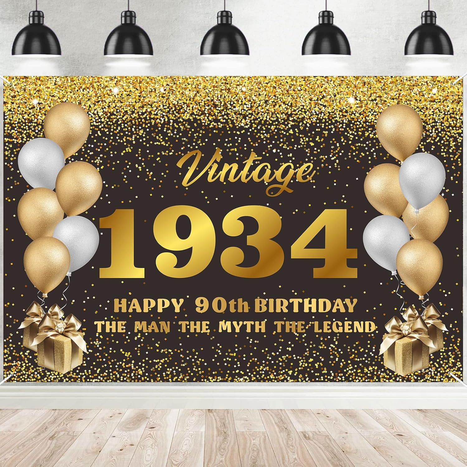 Vintage 1934 Birthday Banner Backdrop, Black and Gold Sign Banner ...