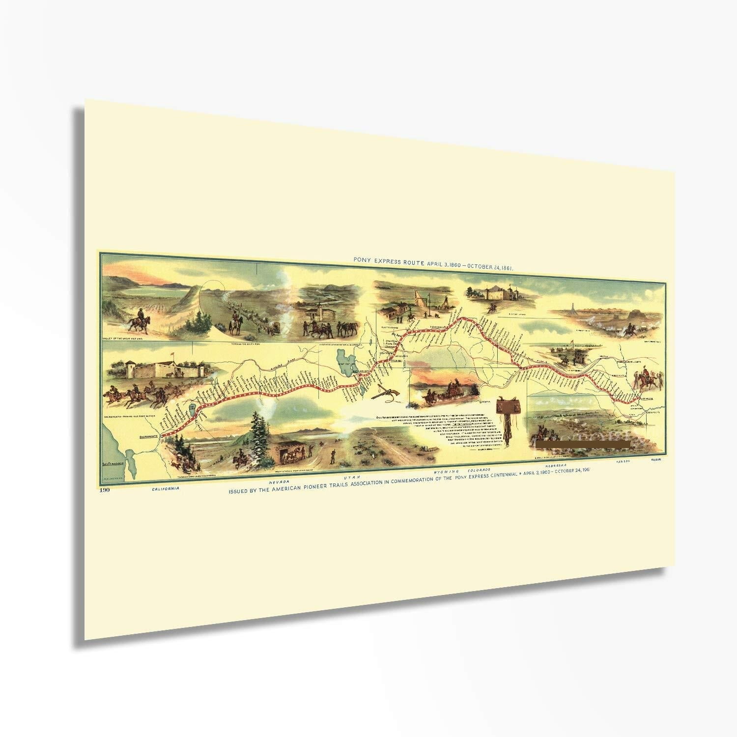 Vintage 1960 Pony Express Map Vintage Pony Express Poster - Old Pony ...
