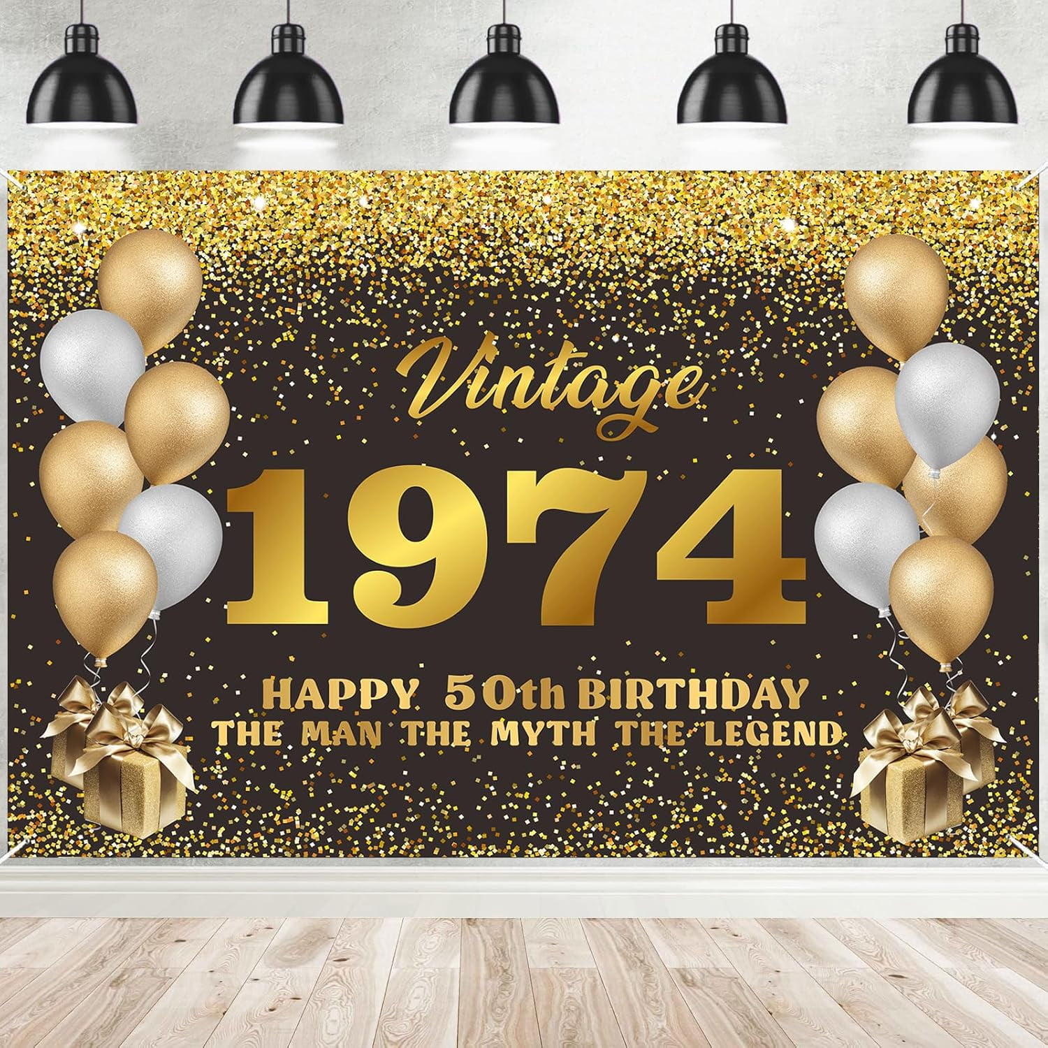 Vintage 1974 Birthday Banner Backdrop, Black and Gold Sign Banner ...