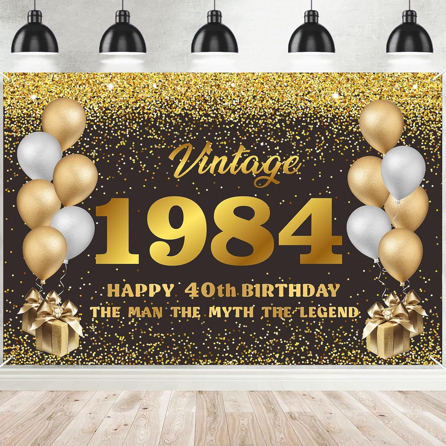 Vintage 1984 Birthday Banner Backdrop, Black and Gold Sign Banner ...
