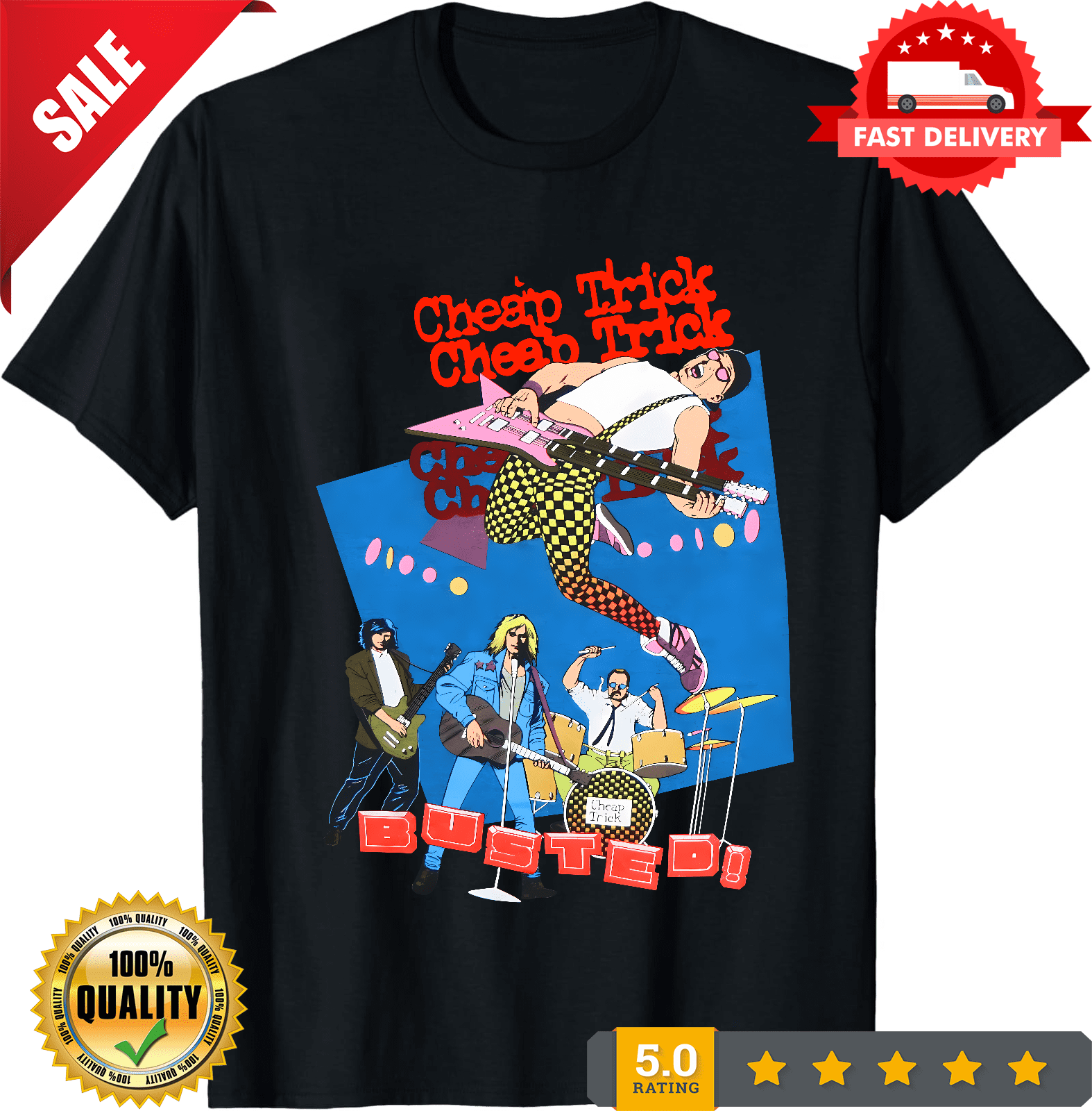 Vintage 1990 Cheap Trick Busted Tour Band T-Shirt Black All Size ...