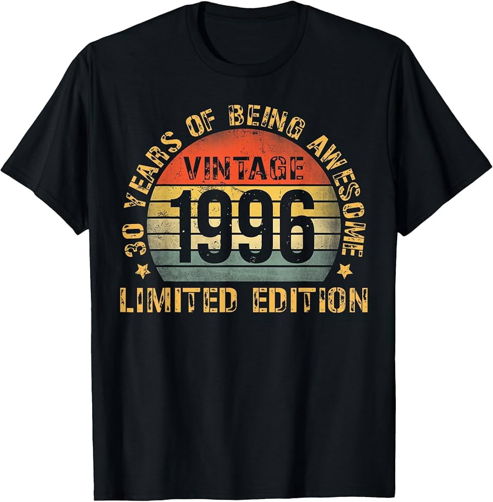 Vintage 1996 Birthday Celebration T-Shirt with Colorful Circular Design ...