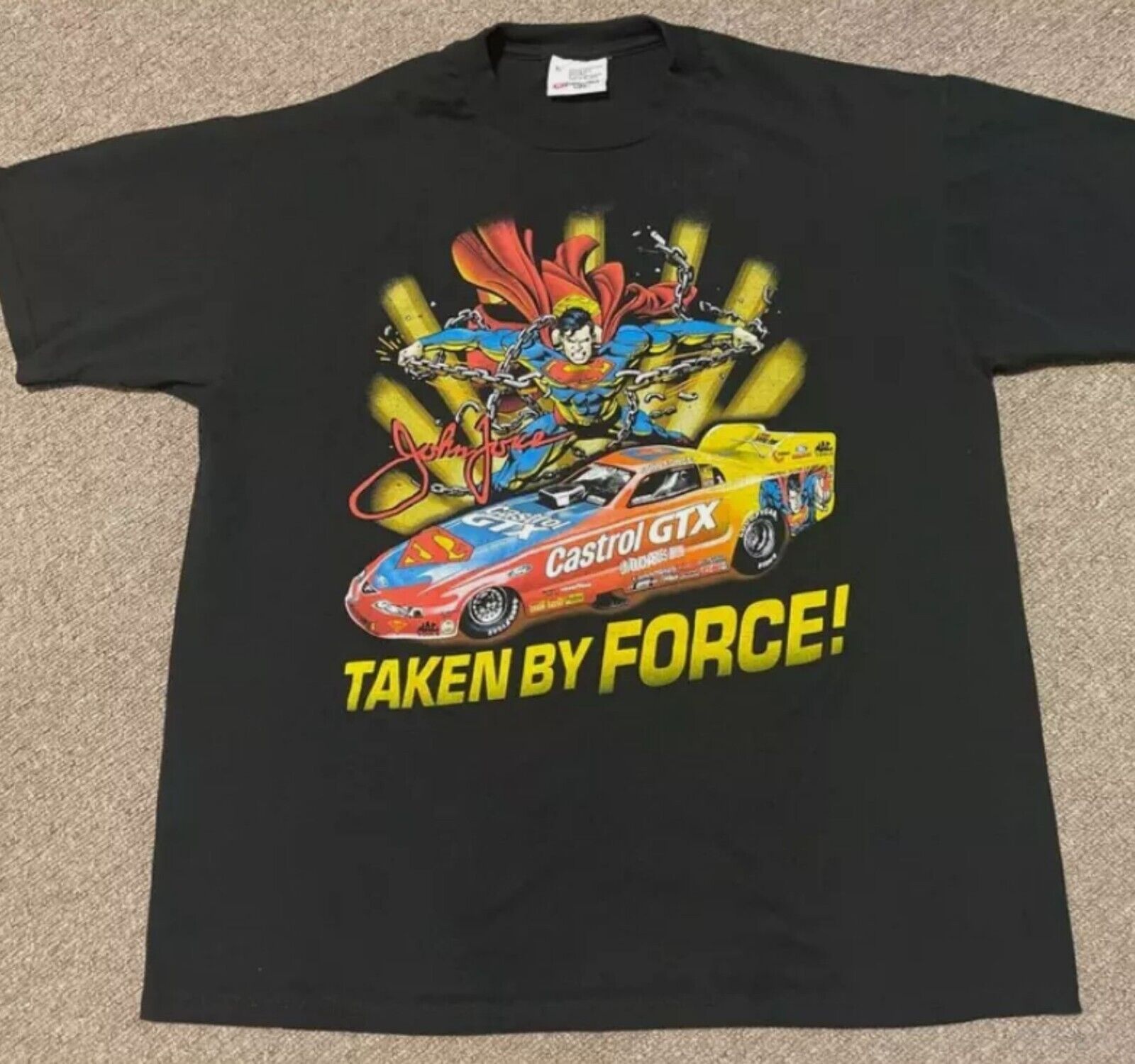 Vintage 1999 John Force Superman DC Comics Castrol NASCAR Racing T ...