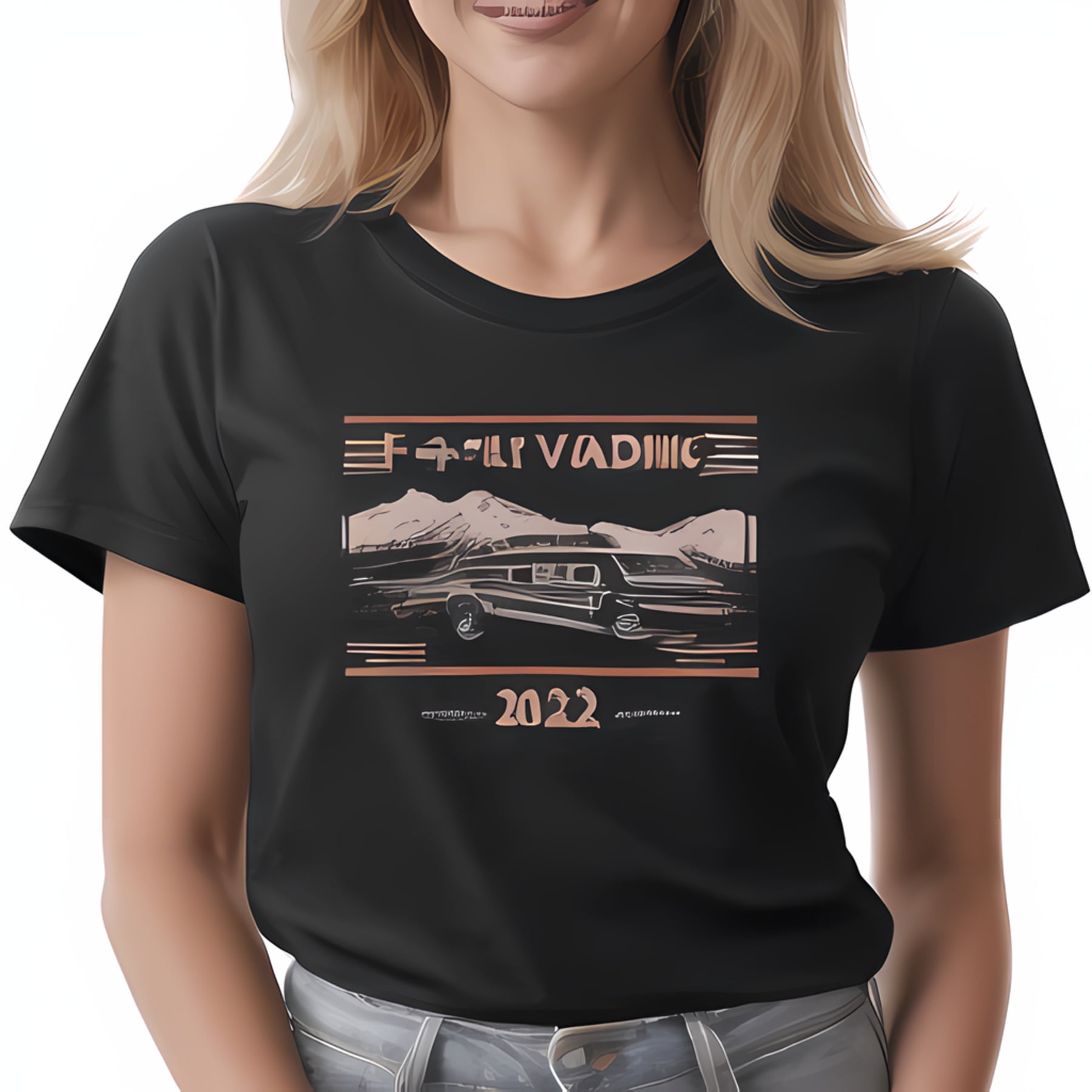 Vintage 2024 Retro Car & Mountains Design Black T-Shirt with Orange ...