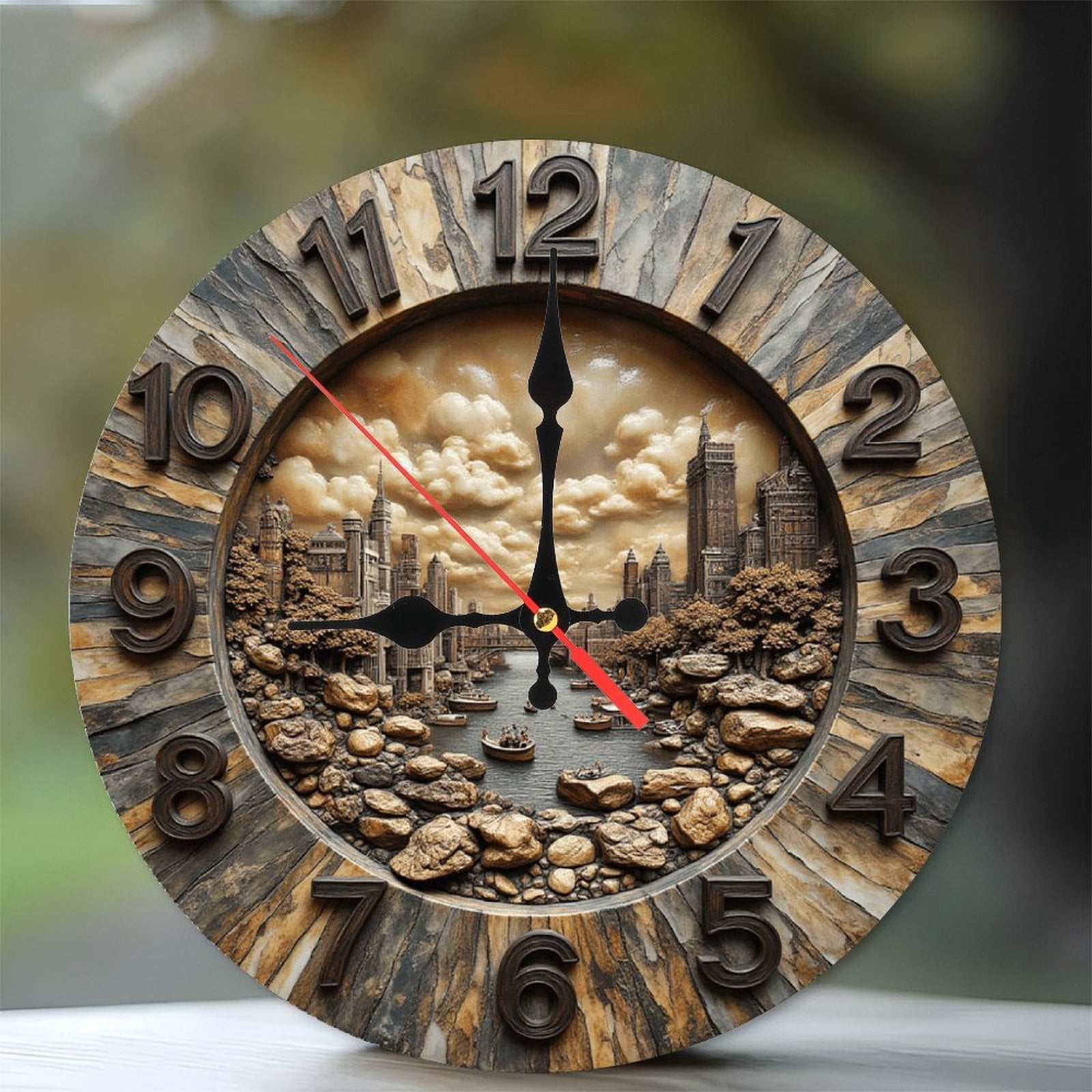 Vintage 2D City Wall Clock Home Decor Art 10-Inch Silent Wooden Wall ...