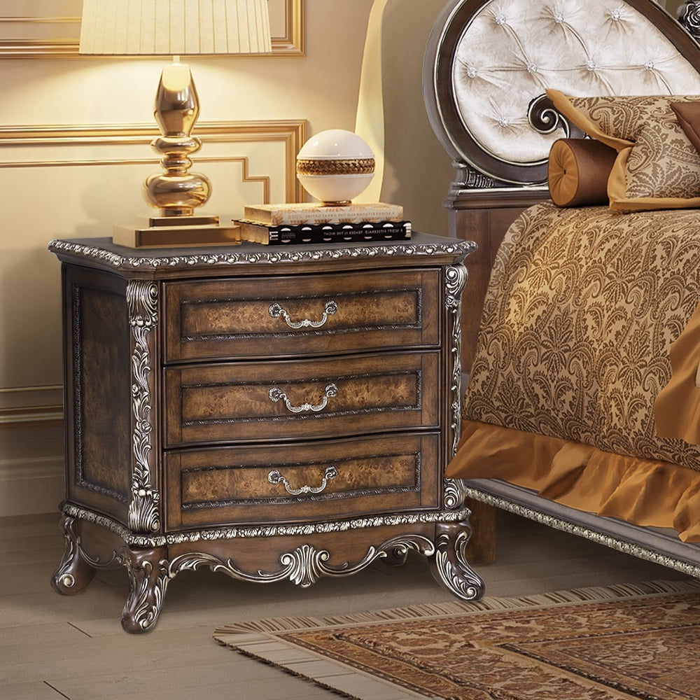 Vintage 3 Drawer Nightstand - Dark brown wood grain texture ...