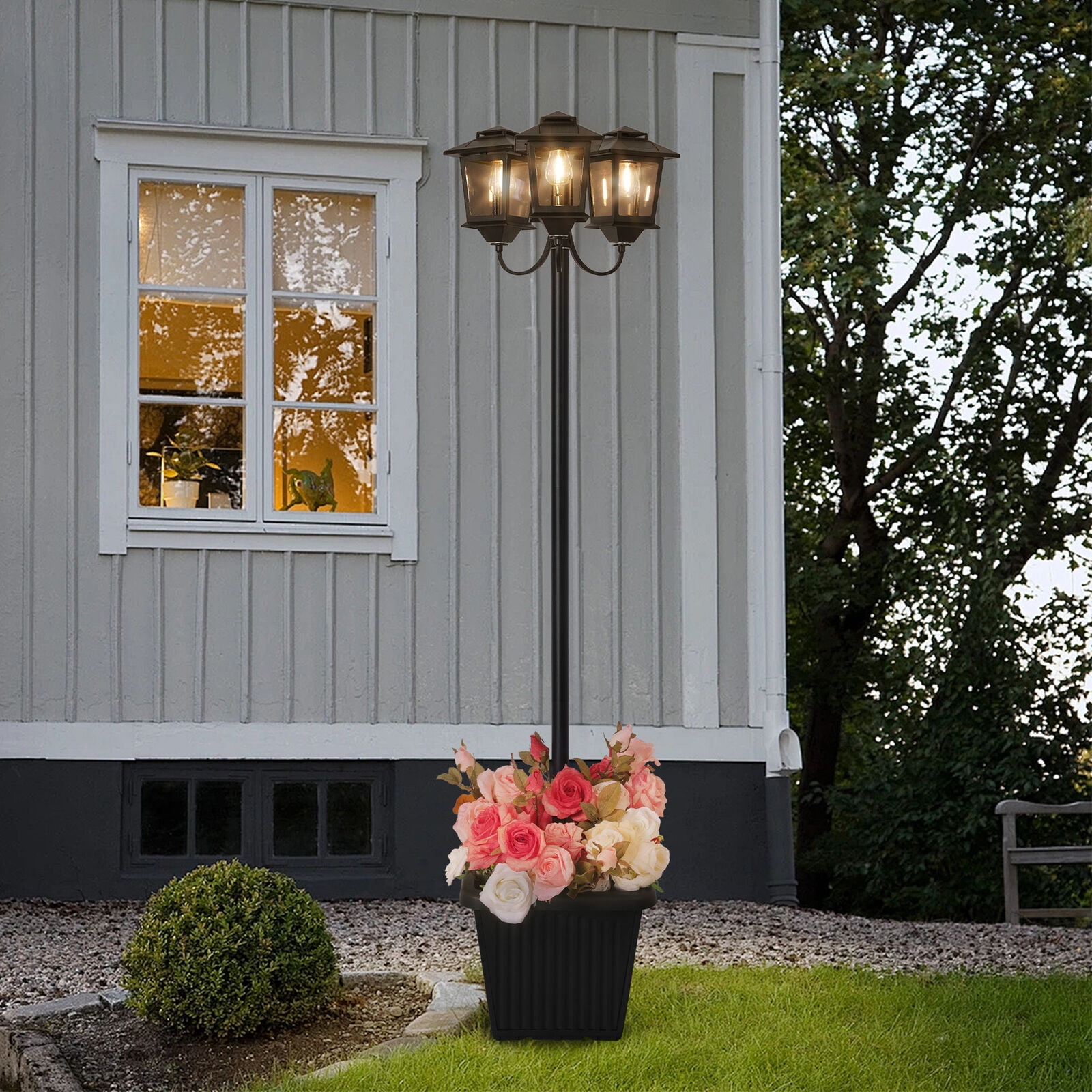 Vintage 3-Head Light Solar Street Lamp Waterproof Solar Post Lights for ...