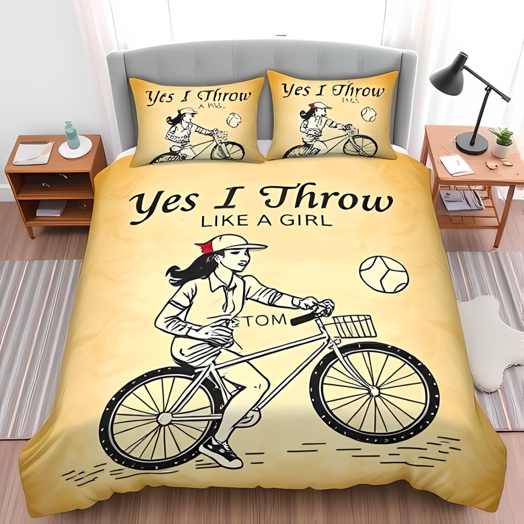Vintage 3-Piece Duvet Cover Set with Girl on Bicycle & Baseball " Yes I ...