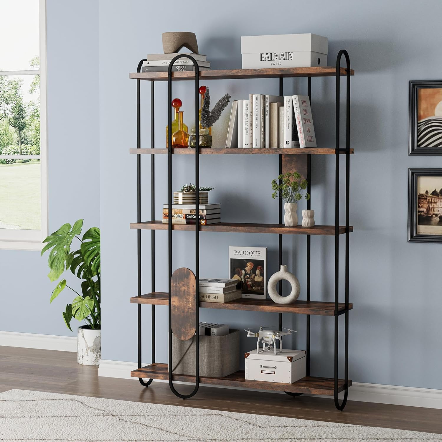 Vintage 5-Tier Tall Bookcase with Storage - Retro Wood Display Shelf ...