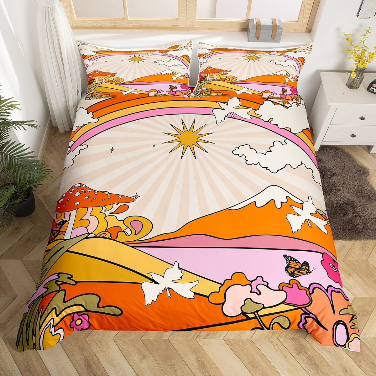 Vintage 70S 60S Groovy Bedding Set Twin Retro Clouds Stars Sun And ...