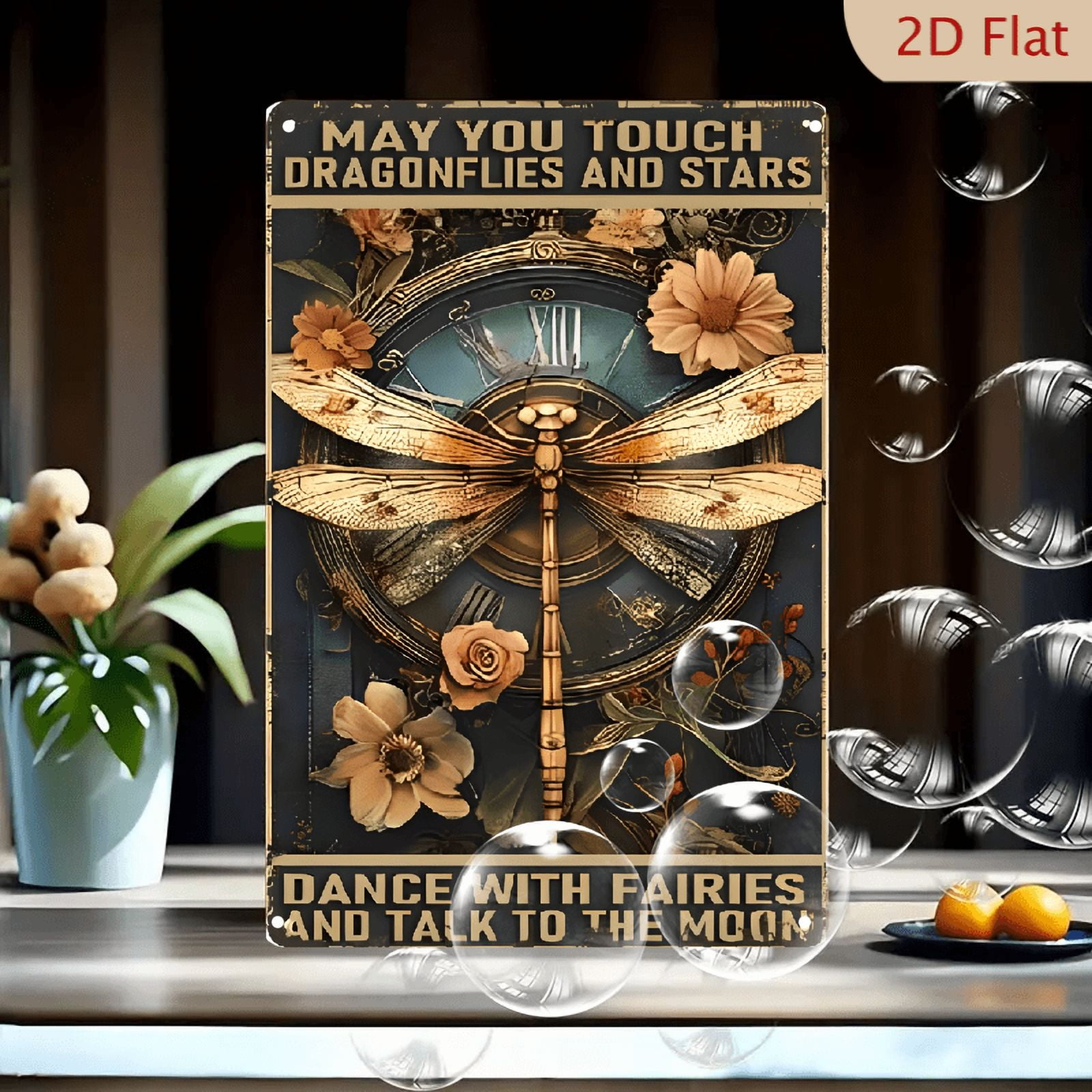 Vintage 8*12 Inch iron Metal Wall Sign - Retro Whimsical Dragonflies, Fairies & Moon Design with ...