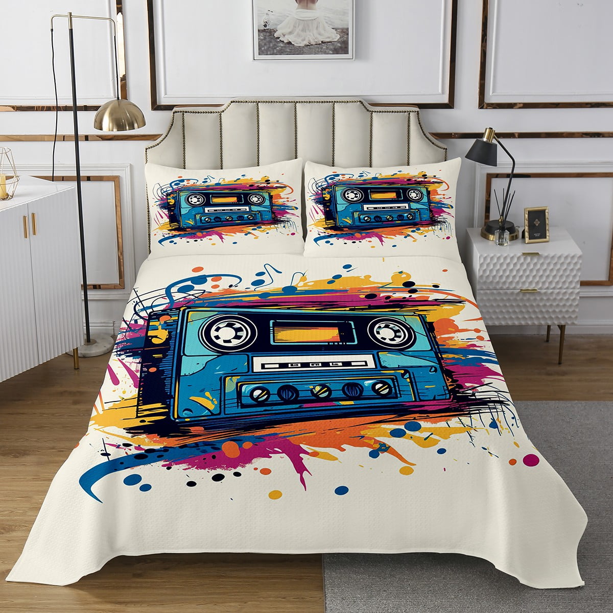 Vintage 80S 90S Music Bedspread Set for Teen Hippie Box Tape Recorder ...