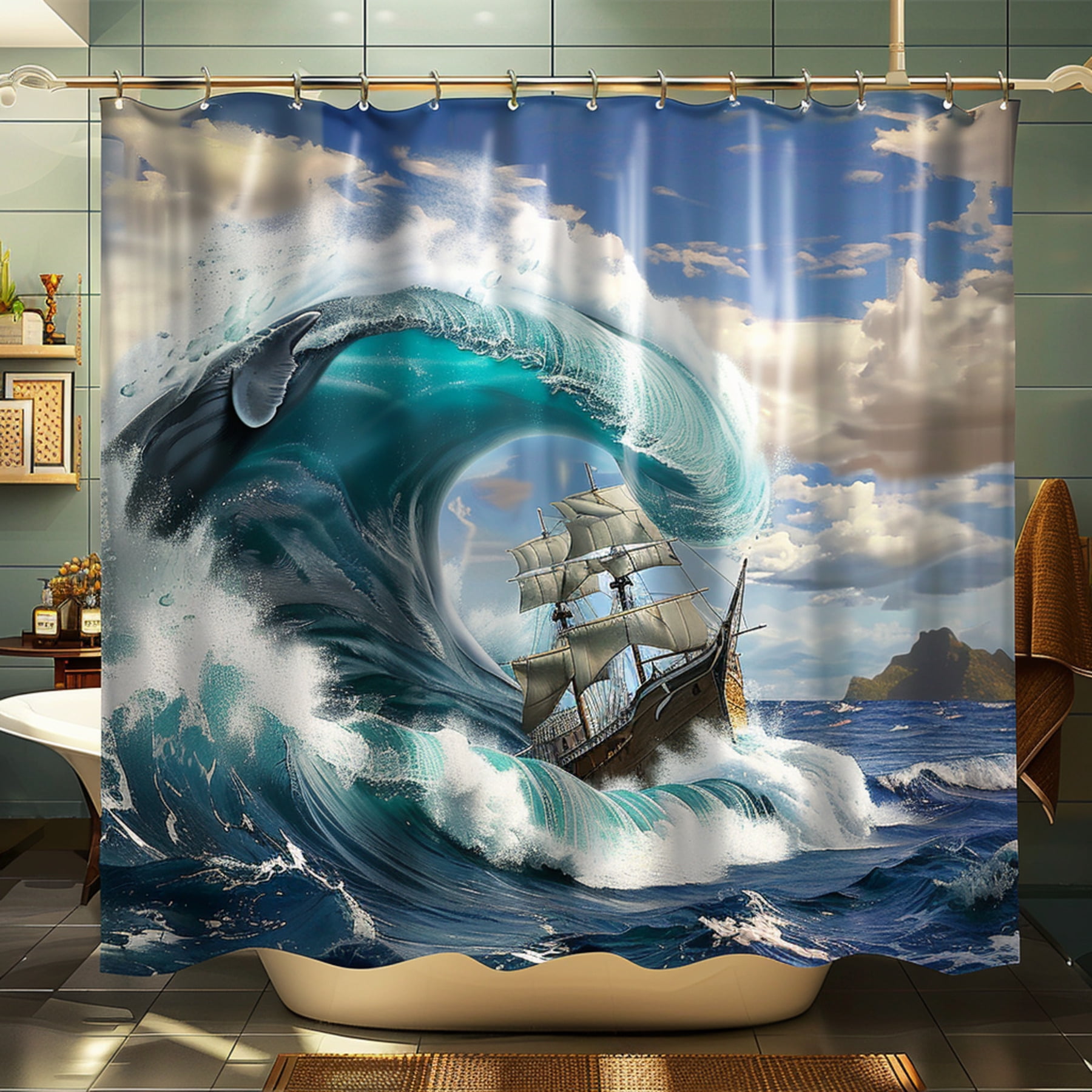 Vintage 80s Style Ocean Wave Ship Shower Curtain Detailed Design ...