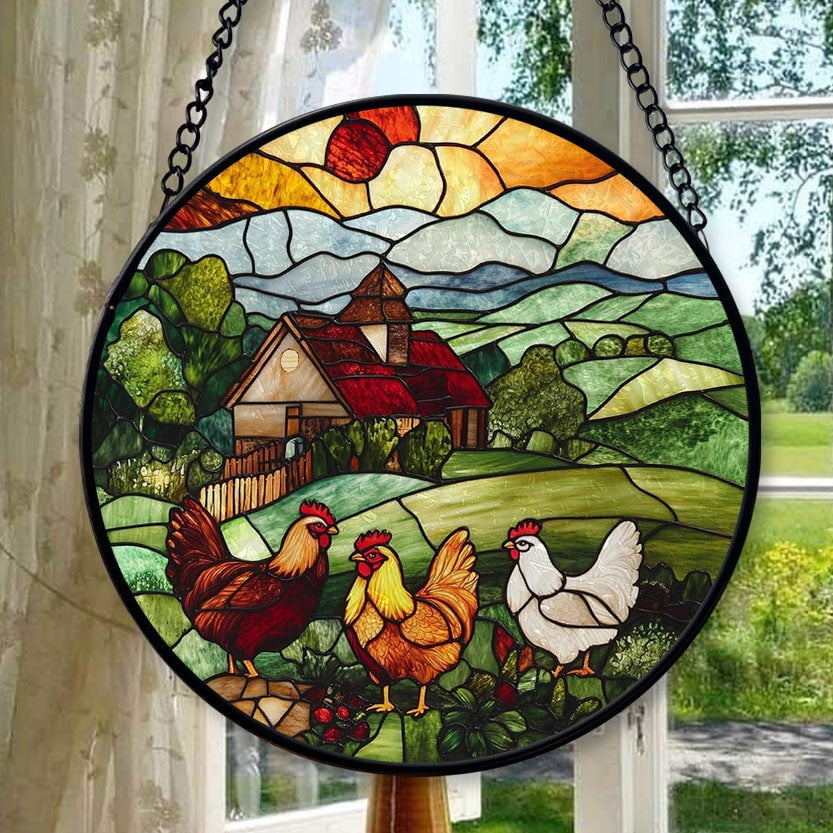 Vintage Abstract Chicken On Farm Stained Glass Window Hanging ...