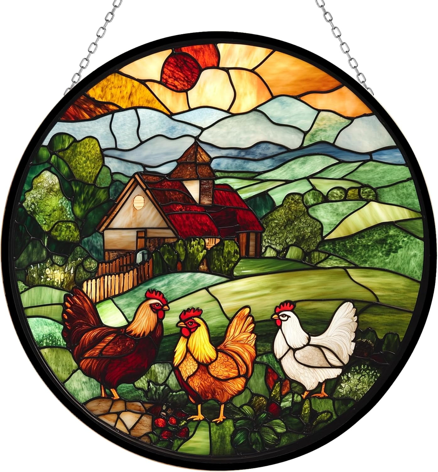 Vintage Abstract Chicken On Farm Stained Glass Window Hanging ...